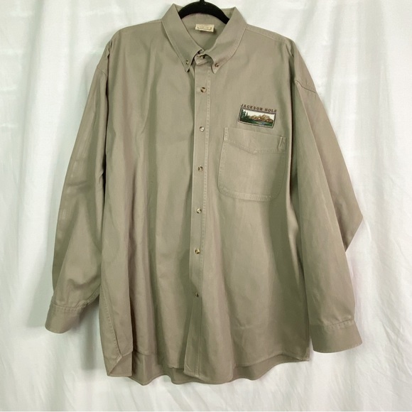 Vintage | Shirts | Vintage 9s Jackson Hole Embroidered Khaki Button Up ...